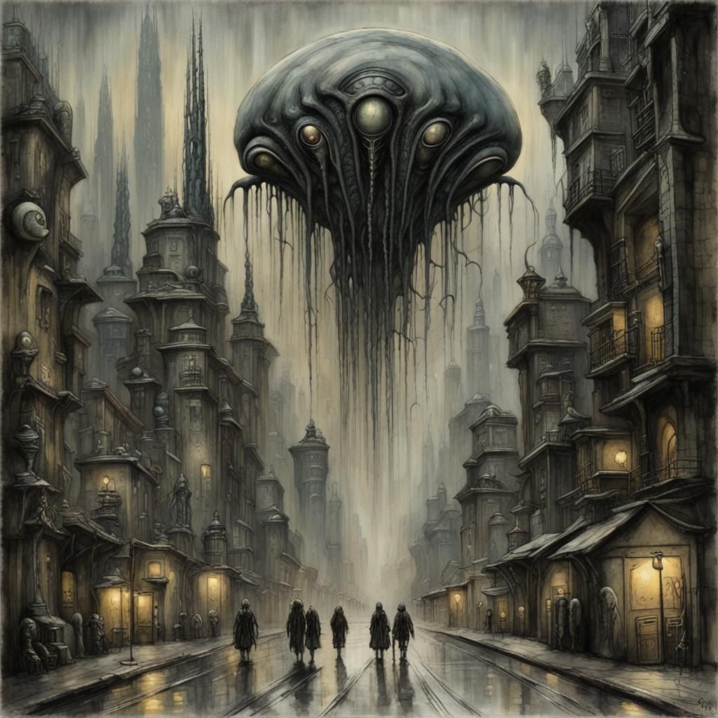 HR Giger alien city, acid rain, alien beings walking in the night city ...