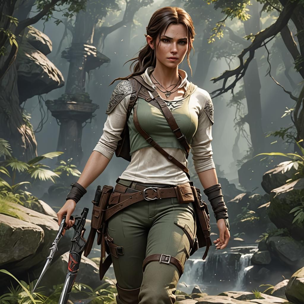 Elven Lara Croft, in tunic and pants - AI Generated Artwork - NightCafe ...