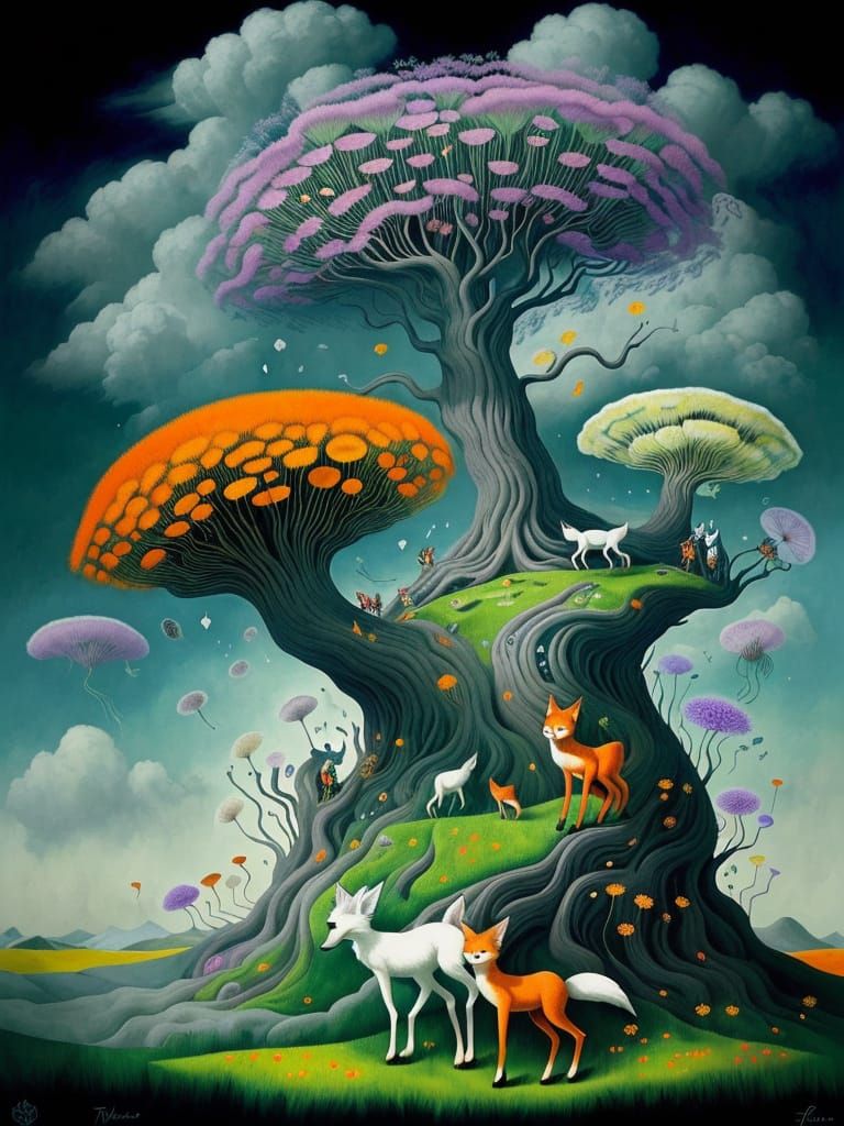 Surreal Fox Family in a Vibrant Dandelion Dreamsca... - AI Art