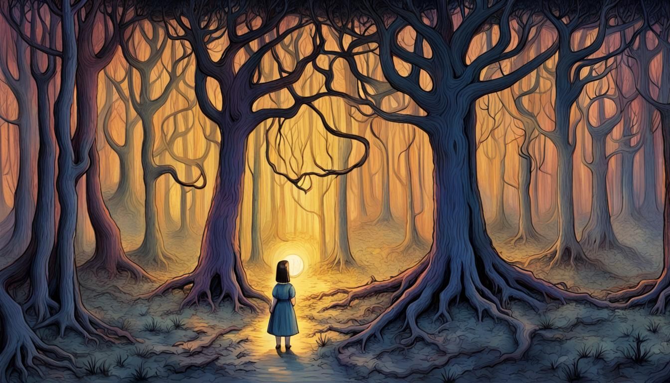 Wednesday Addams talks to demons in the woods. A cave has a lantern ...