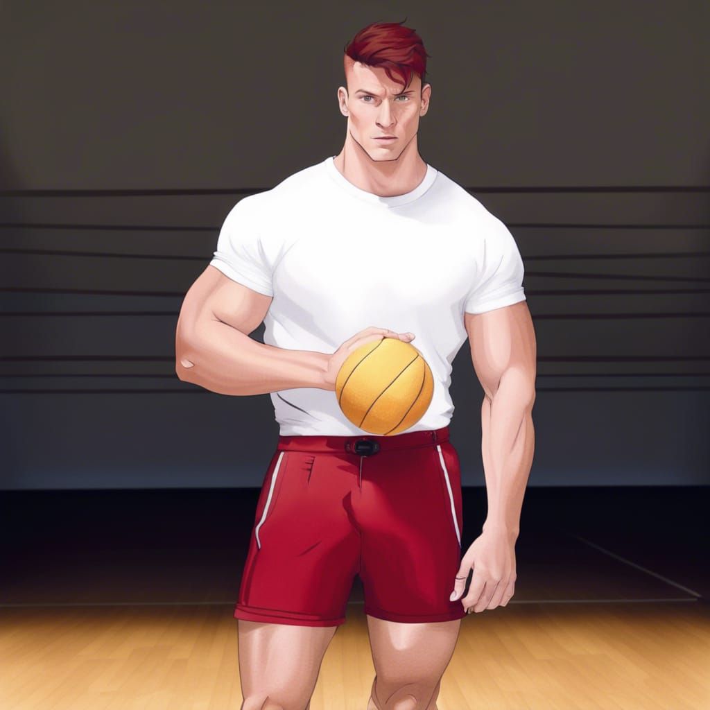 Thirty-year-old man of large stature with powerful muscles, maroon hair ...
