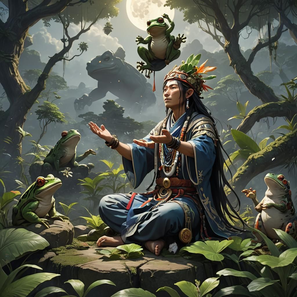 A shaman sits in the jungle and stretches both hands to the sky. A frog comes to the shaman ...