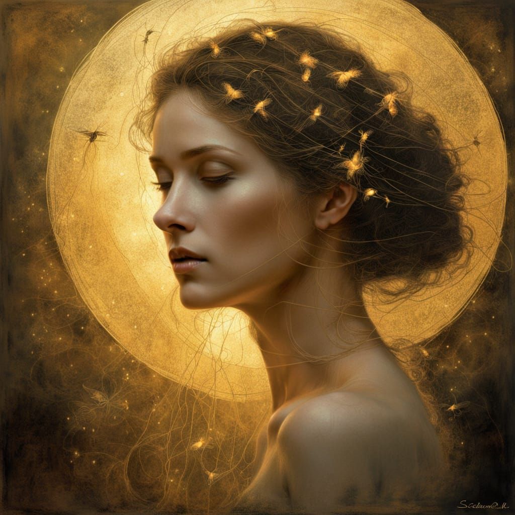 Golden Goddess Illuminated by Fireflies in Chiaros... - AI Art