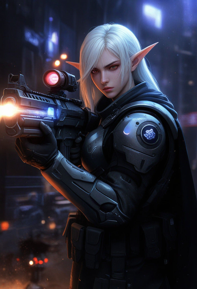 Elf Cop - Futuristic Anime Elf in Military Police Gear