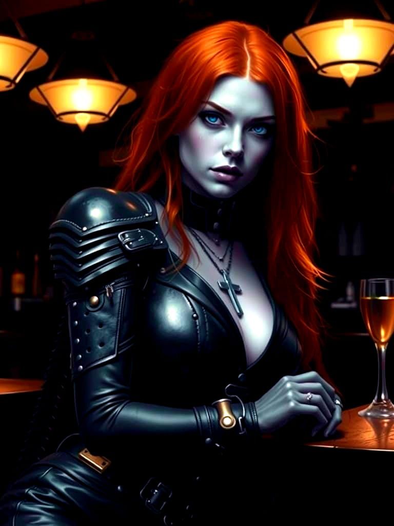 Gothic Ginger At A Bar - Gothic Ginger at Bar in H.R. Giger...