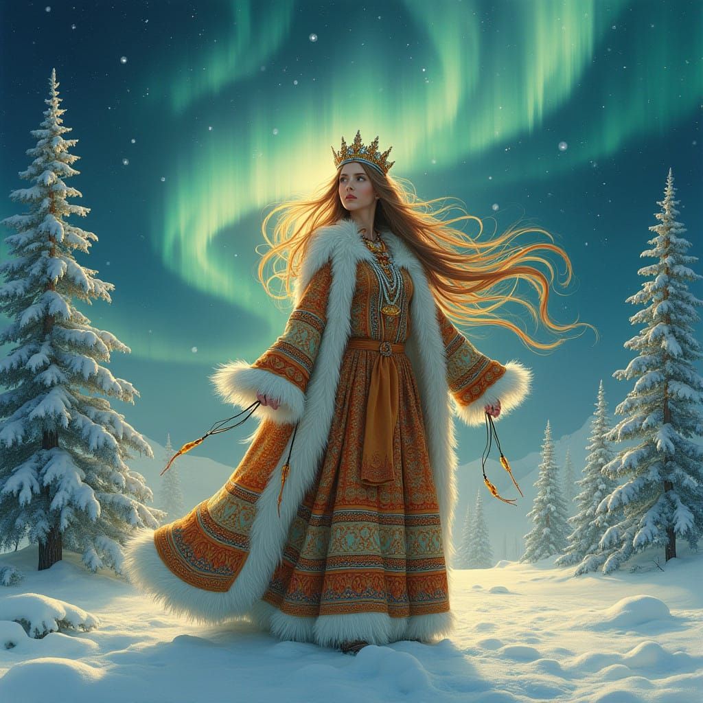 Regal Nordic Princess Under Aurora Borealis - AI Art