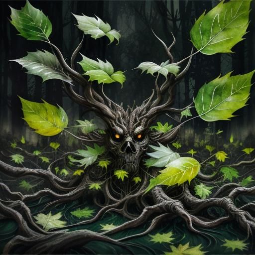 Double exposure photography of a creature made of roots, leaves and a ...