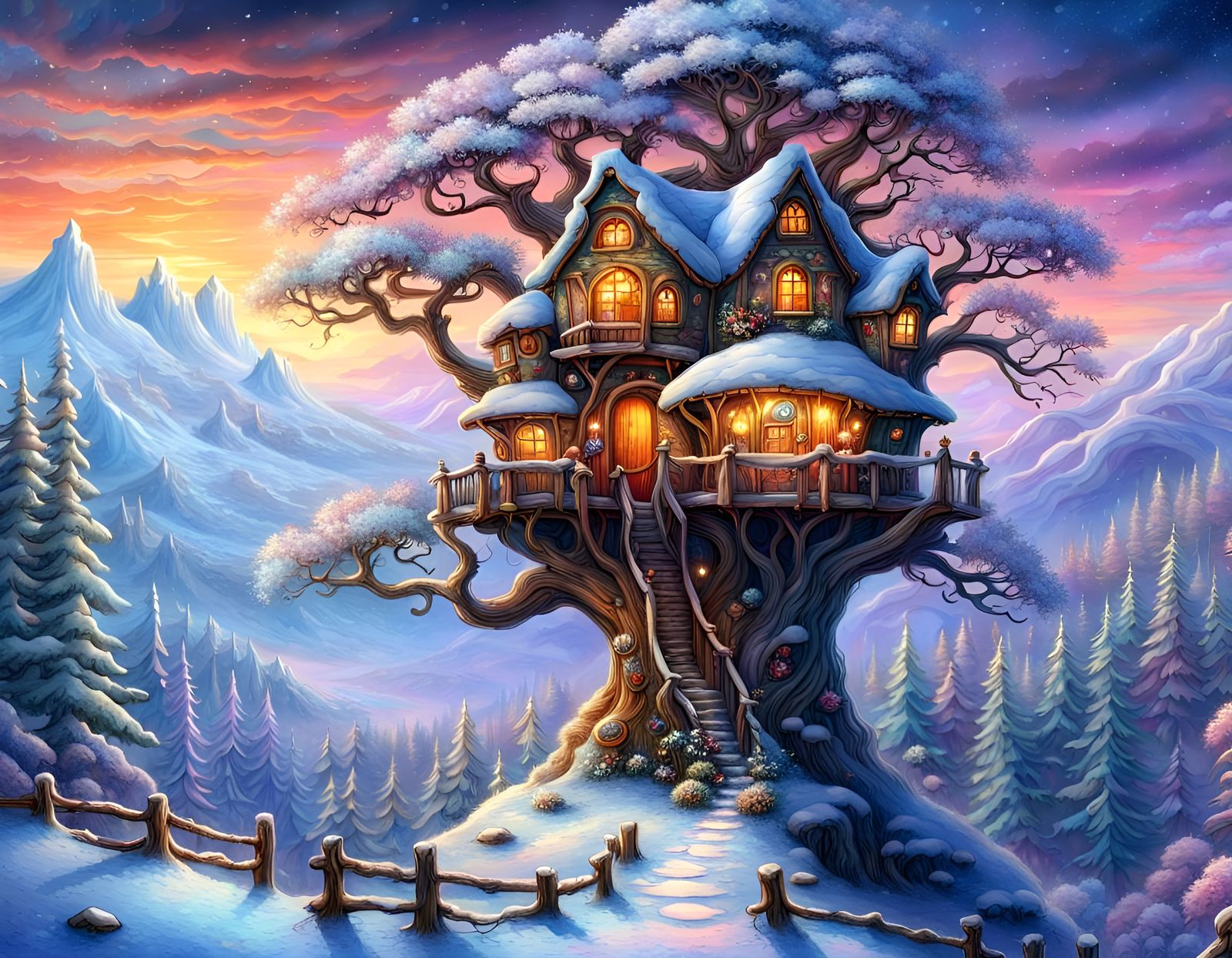 fantasy tree house, magical, multiple colors, winter wonderland, old ...
