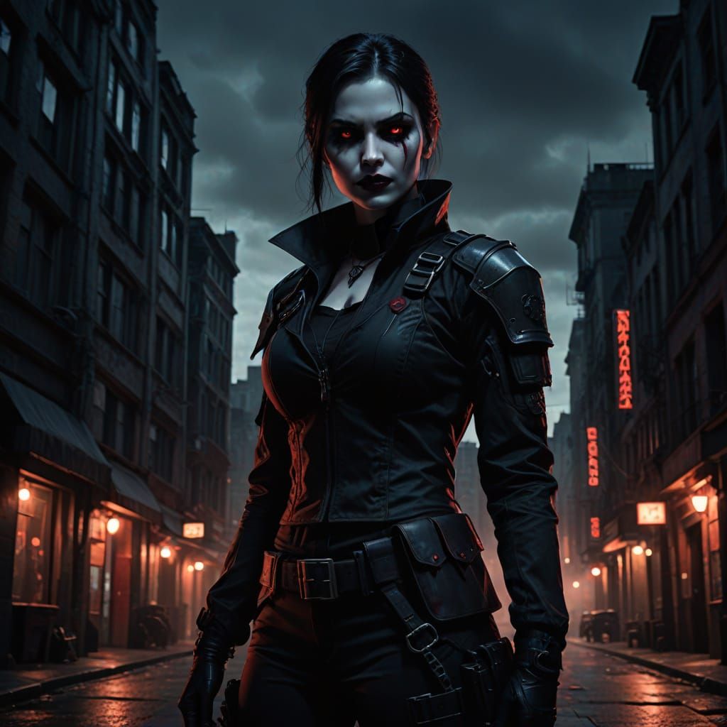 Gothic Vampire Goddess in Tactical Gear at Dusk - AI Art