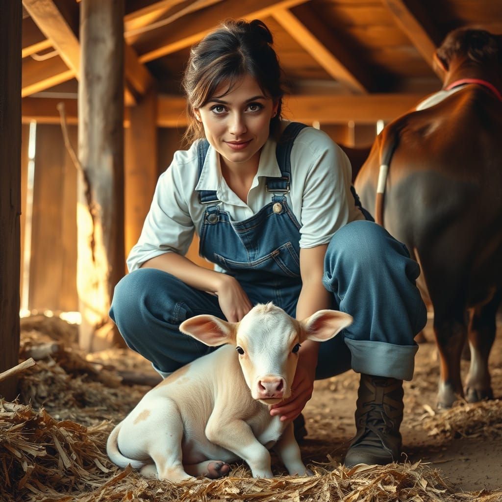 A vet helping a cow giving birth to a calf in the stable