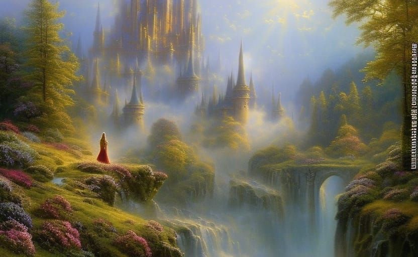 A queen with a flowing gown walks towards an idealic 11th and 12th ...