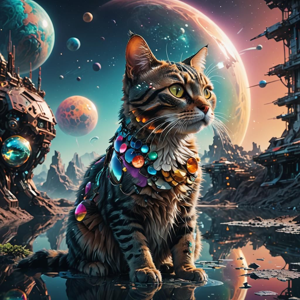 beautiful cat. a colorful alien planet with huge moons reflected in the ...