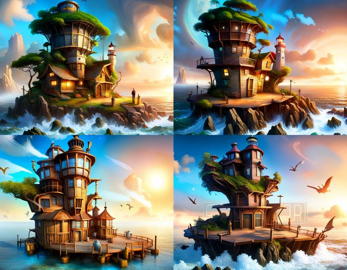 high fantasy mountain island with giant lighthouse inspired treehouse ...