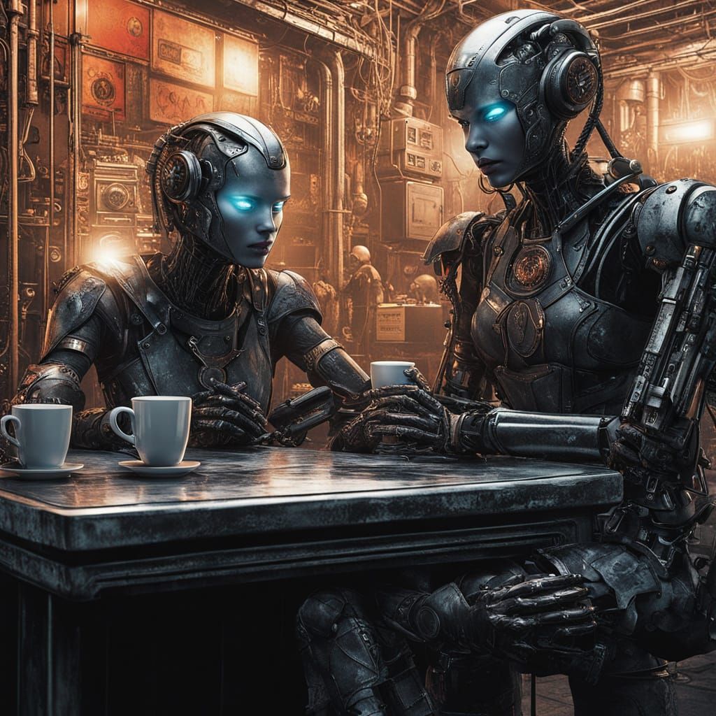 Cyberpunk Goth Fashion Model and Robot in Distress... - AI Art