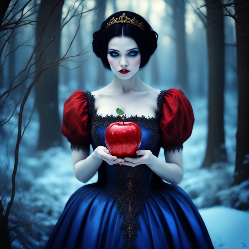 Evil Elegance: Gothic Snow White holding glittery glass red apple in ...