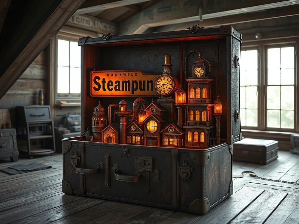 Steampunk City in an Antique Leather Trunk - AI Art