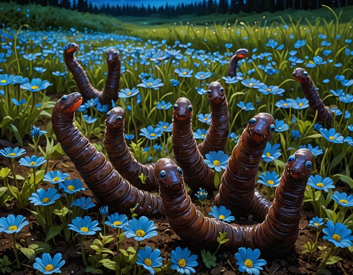 Ethereal giant earthworms with faces stick up out of the ground in a ...