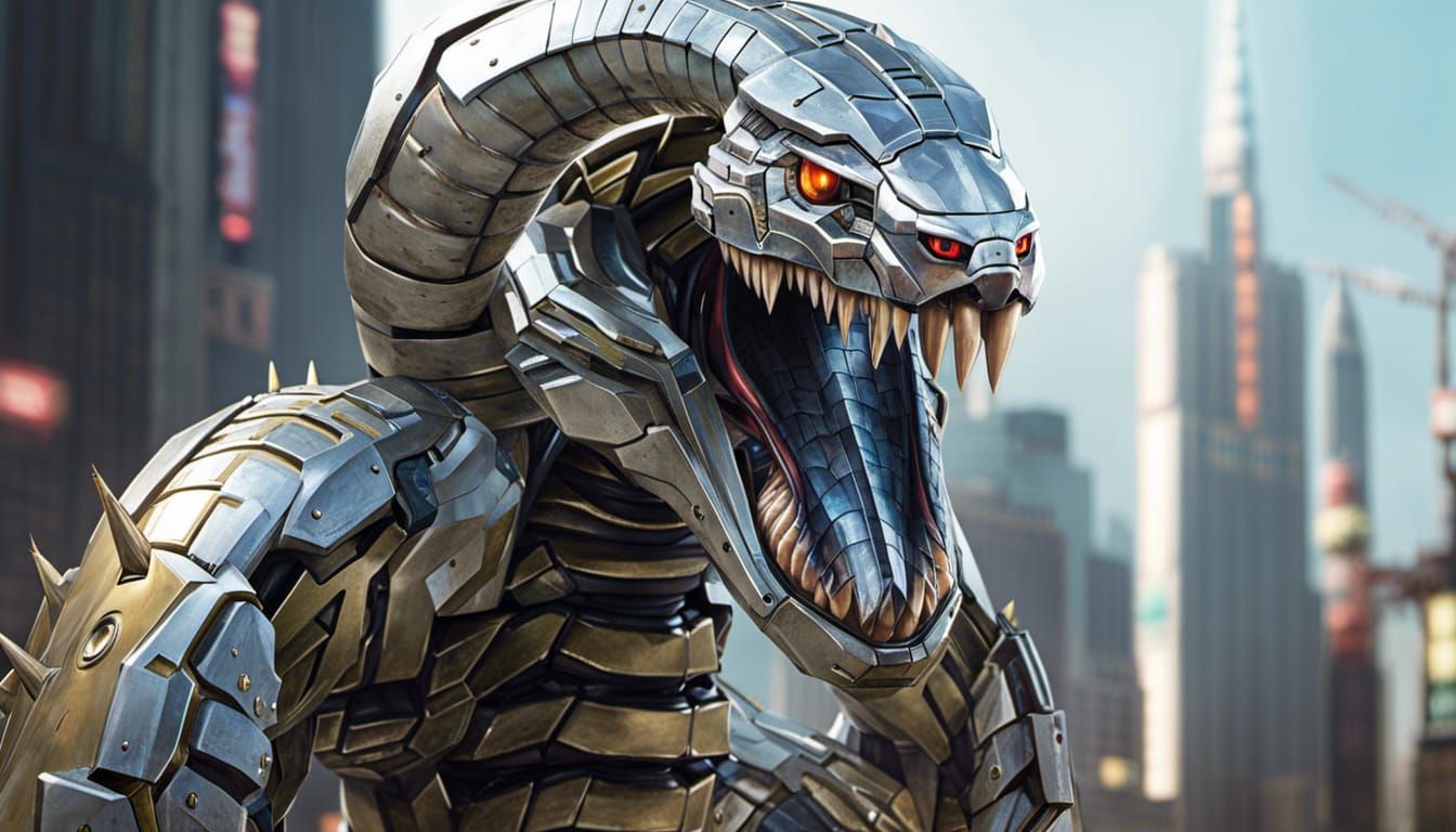 Giant mecha snake, nano bots, mutate with organic material, long body ...