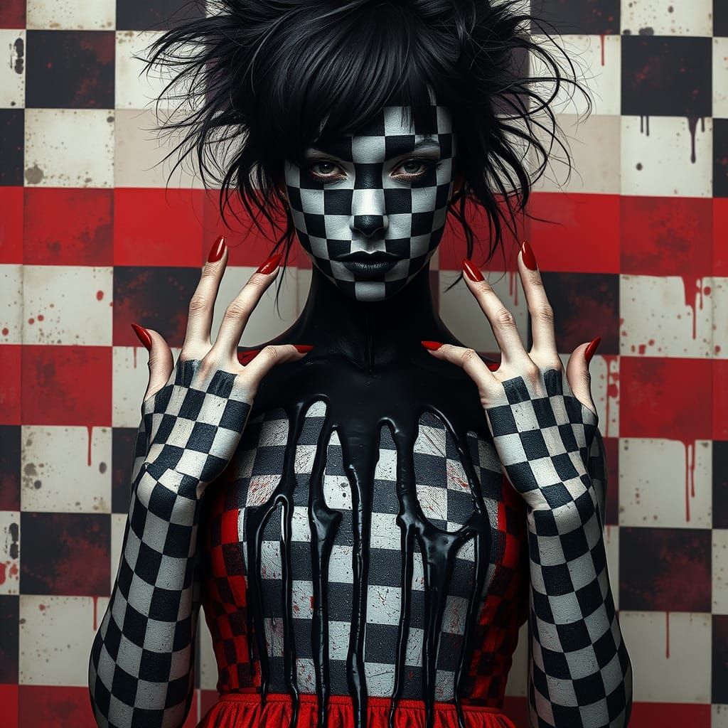 Skippy @luv-it A woman with a checkered black and white skin, devoid of ...