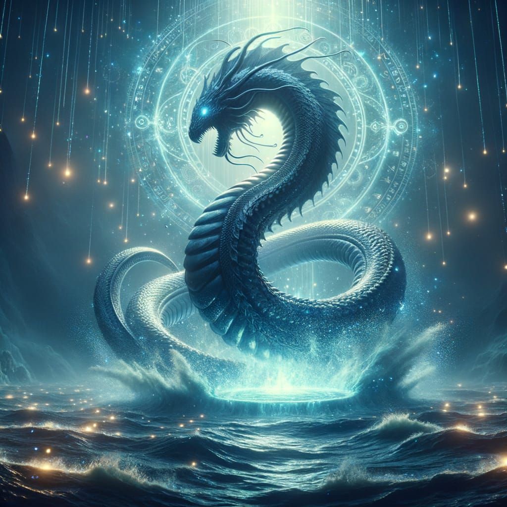A hyper-realistic digital painting of an enormous sea serpent deity ...