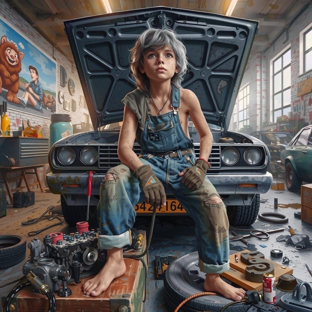 mechanic - Gritty Garage Scene in Realistic Style