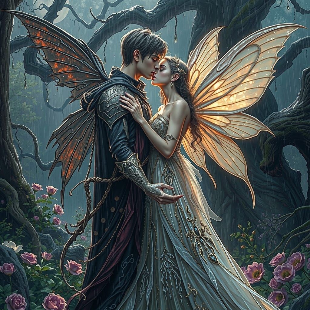 Dark Banshee Kissing Light Fairy in Rainy Storm - AI Art