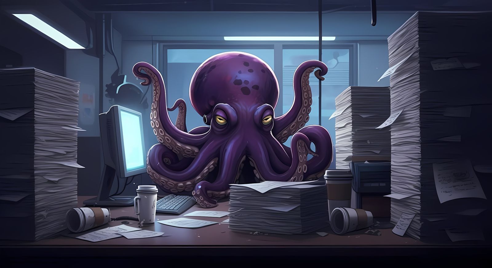 Cyberpunk Octopus in Cubicle - AI Art