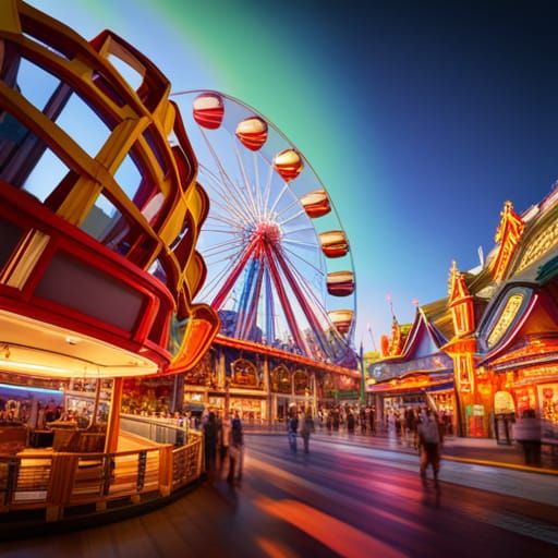 "amusement park with Ferris wheel, roller coaster, candy shop ...