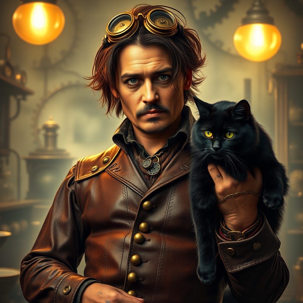 Johnny Deep Steampunk with cat hyper-realistic, hyper-detailed image, 16k