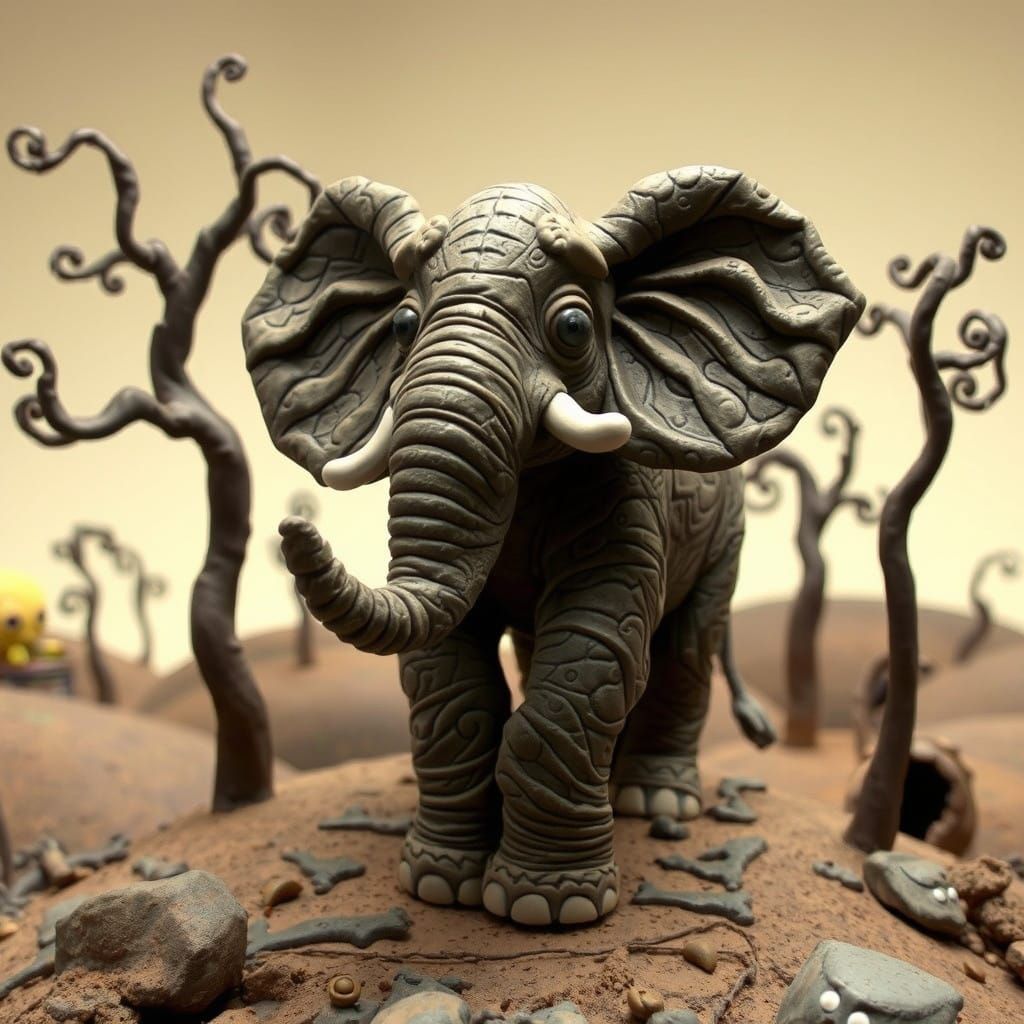 Surreal Clay Elephant in Whimsical Dark Fantasy La... - AI Art