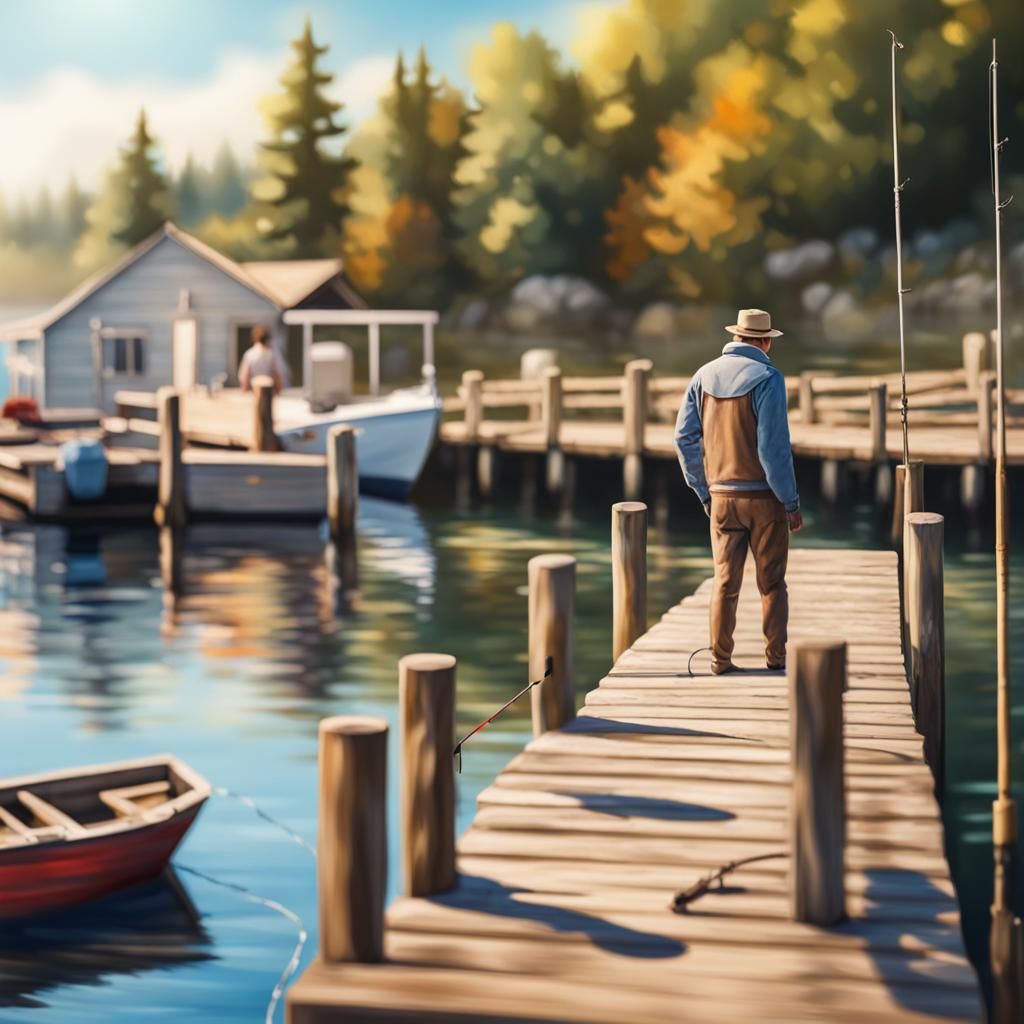 wooden dock beside a bay with boats and a man with a fishing pole ...