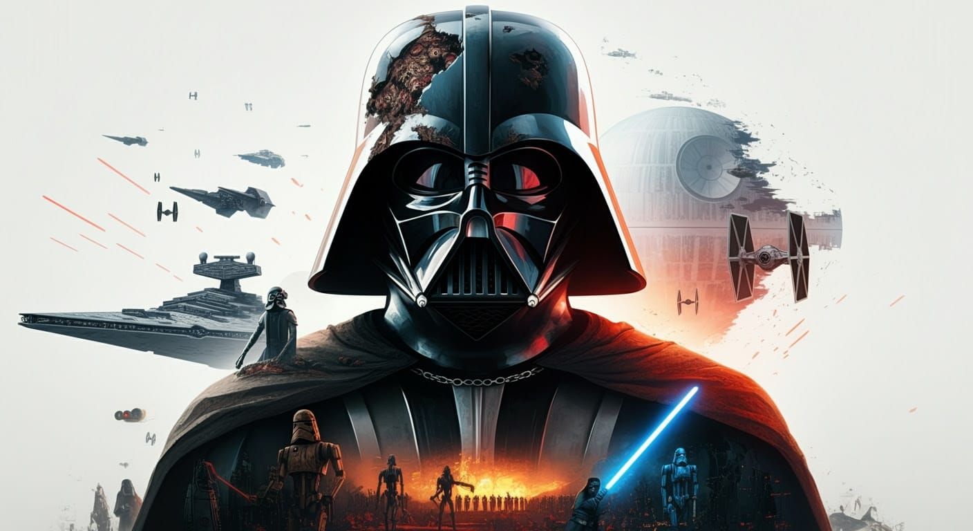 A dark, ominous, double-exposure illustration of Darth Vader, his ...