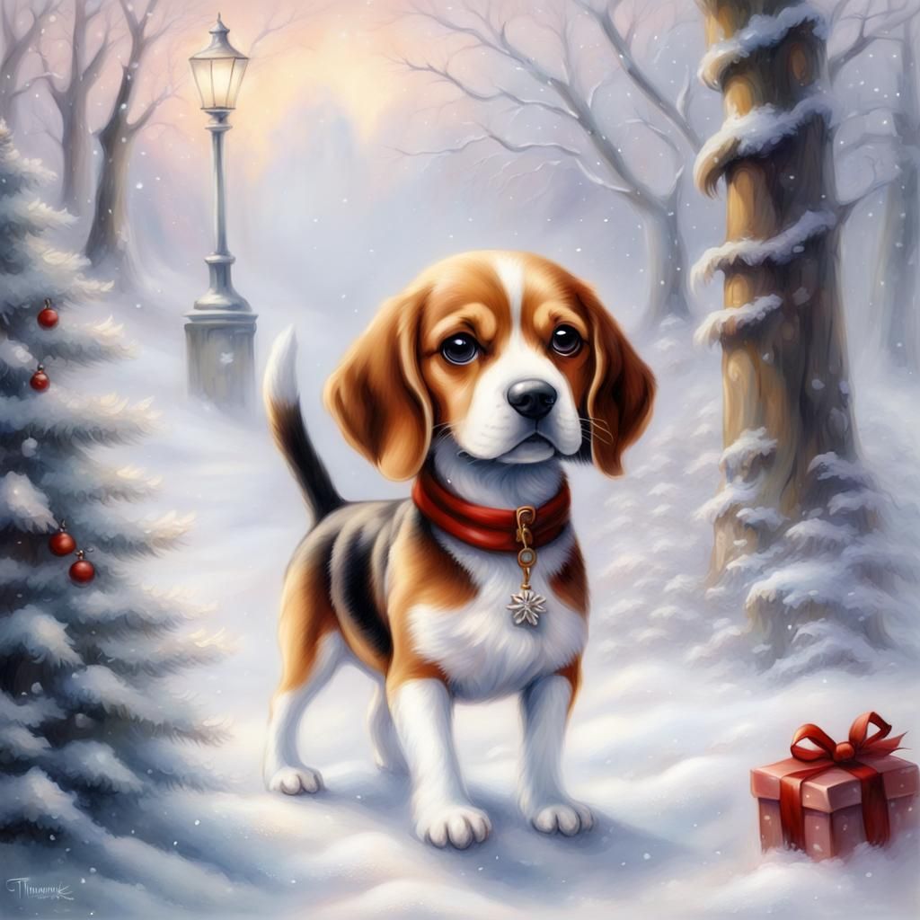 Winter ,christmas ,fashion chibi ,beagle, Oil Painted Airbrush, Full ...