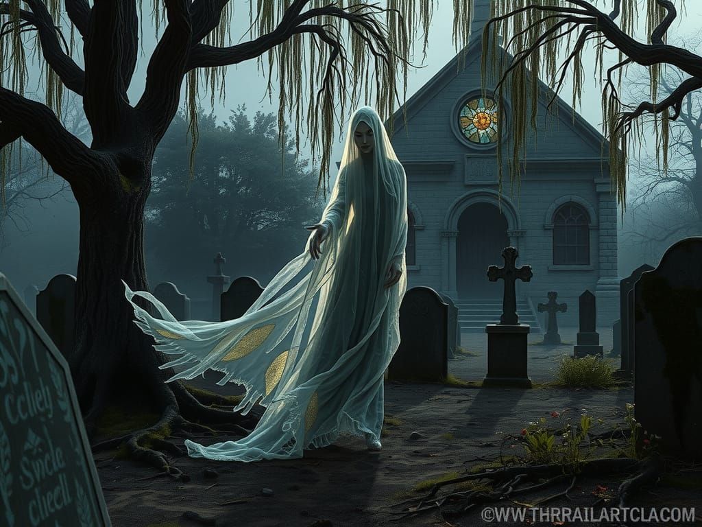 Ethereal Cemetery Twilight Scene in Soft, Swirling... - AI Art