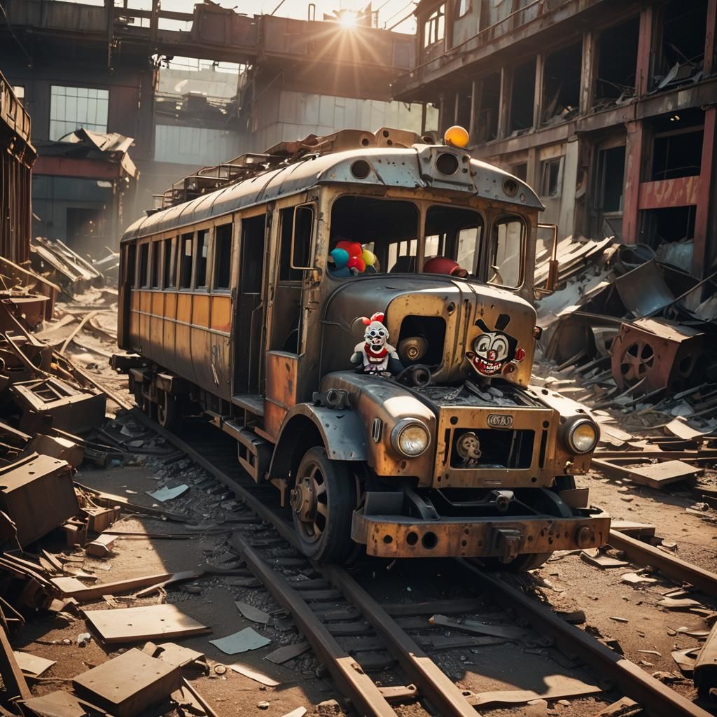 Wrecker the Clown Bus - Golden Hour Chaos: A Cinematic Still...