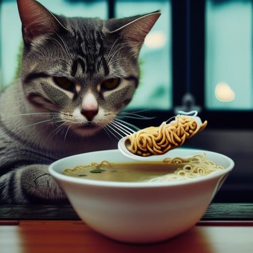 Cat eating ramen - AI Generated Artwork - NightCafe Creator