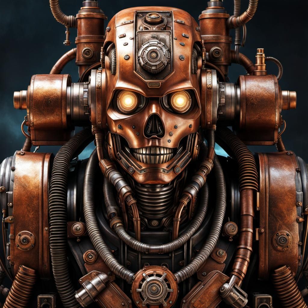rusty cyborg with head connected to a diesel engine - AI Generated ...