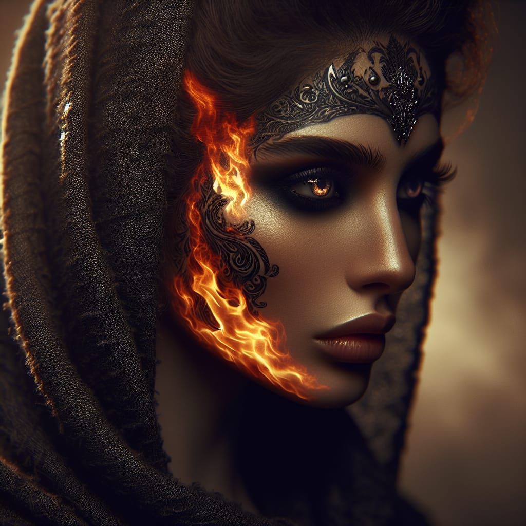 a portrait of a woman with fire in her hair and fire in her eyes ...