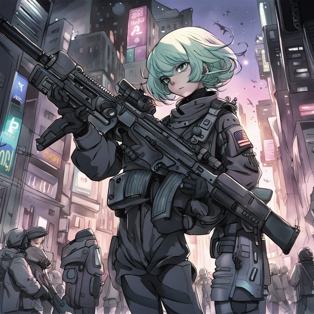 space alien solder holding a rifle in a city - Anime - AI Generated ...