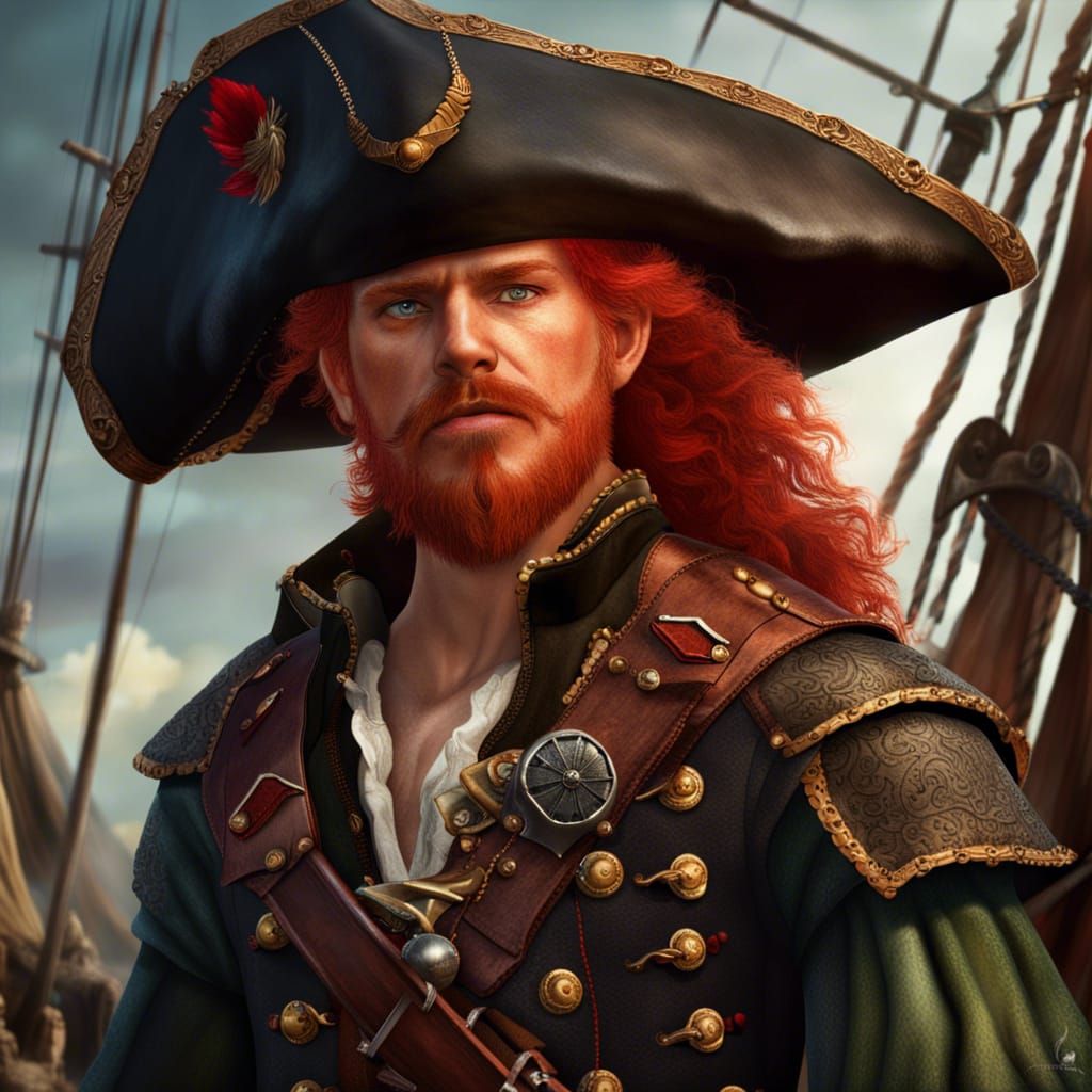 A young swashbuckling pirate with red hair and a goatee. Ultra ...