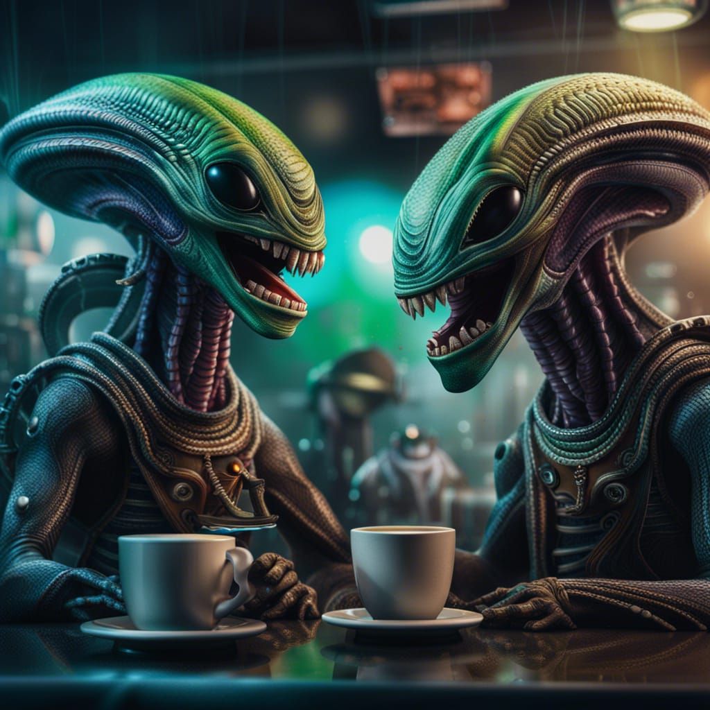 laughing aliens having coffee at a space Starbucks Hyperrealistic ...