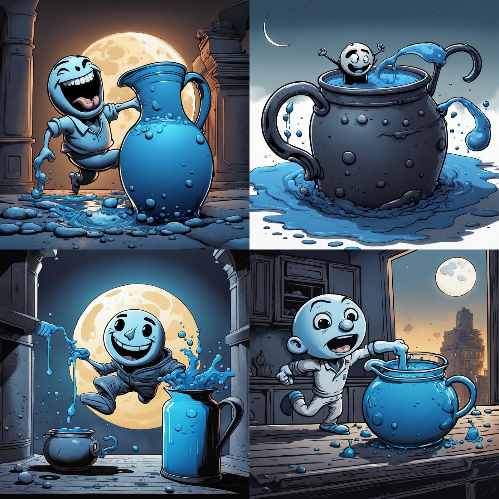 A dark noir style comic cartoon drawing of happy moon man crawling out ...