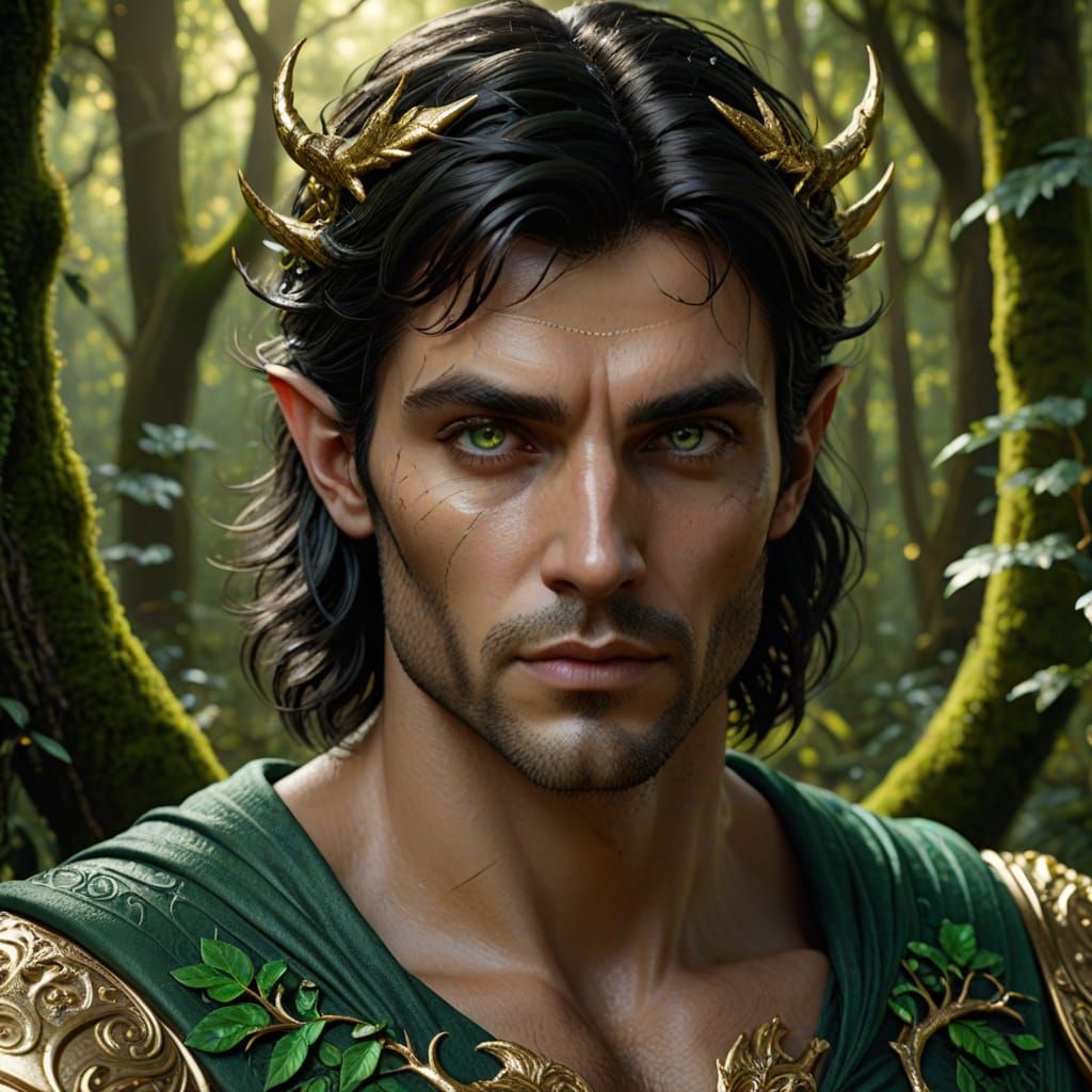 Hyperrealistic Fae Lord with Emerald and Gold Eyes - AI Art