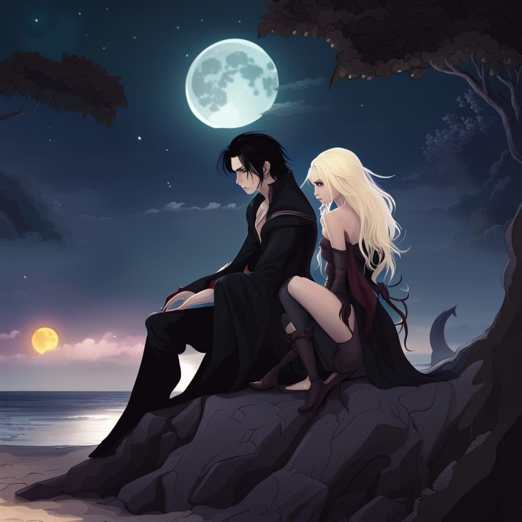 A lonely vampire with dark hair, sitting on a rock on a beach. The moon ...