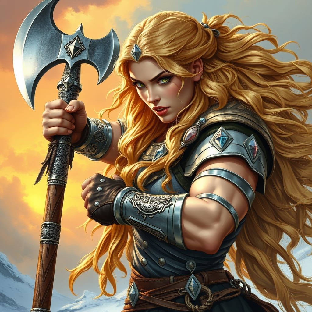 Nordic Warrior Woman in Battle-Axe Pose, Golden Ha... - AI Art