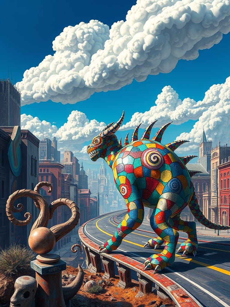 A mosaic monster with a patchwork of vibrant colors and patterns roams ...