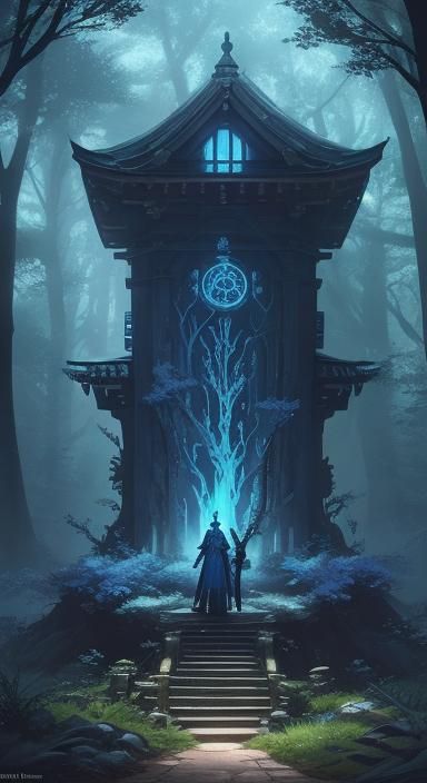 blue glowing shrine in a forest at night, (no signature: 2.0), (nobody ...