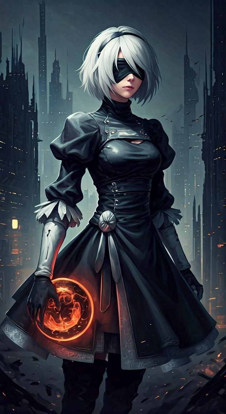 White hair, 2B from Nier - Cyberpunk Android 2B Stands in D...