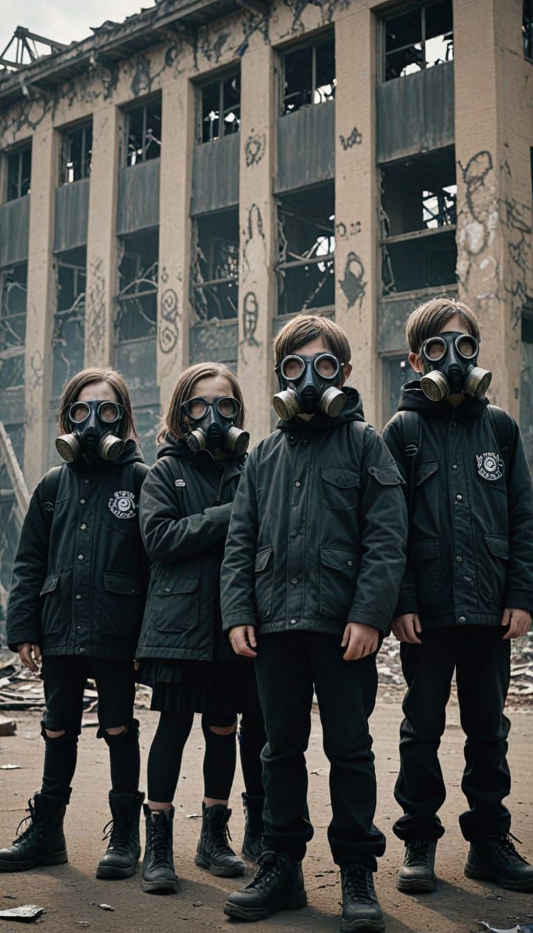 A group of children wearing cracked gas mask