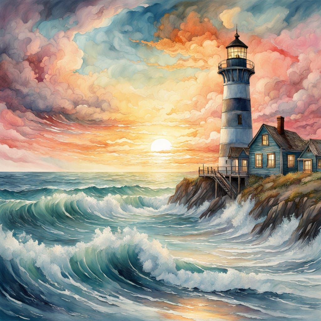 Sunset at the lighthouse - Dreamy Whimsical Lighthouse Scene...